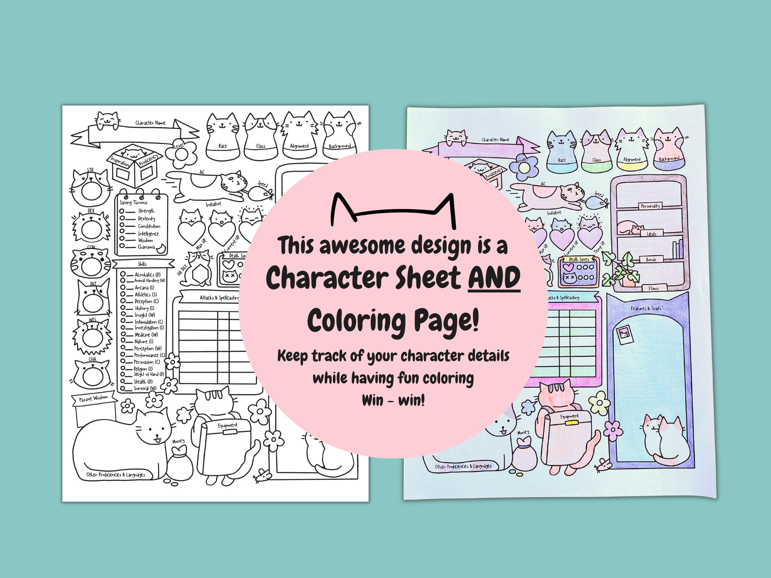 Dnd 5e Character Sheet & Coloring Page Kitties - Etsy Australia