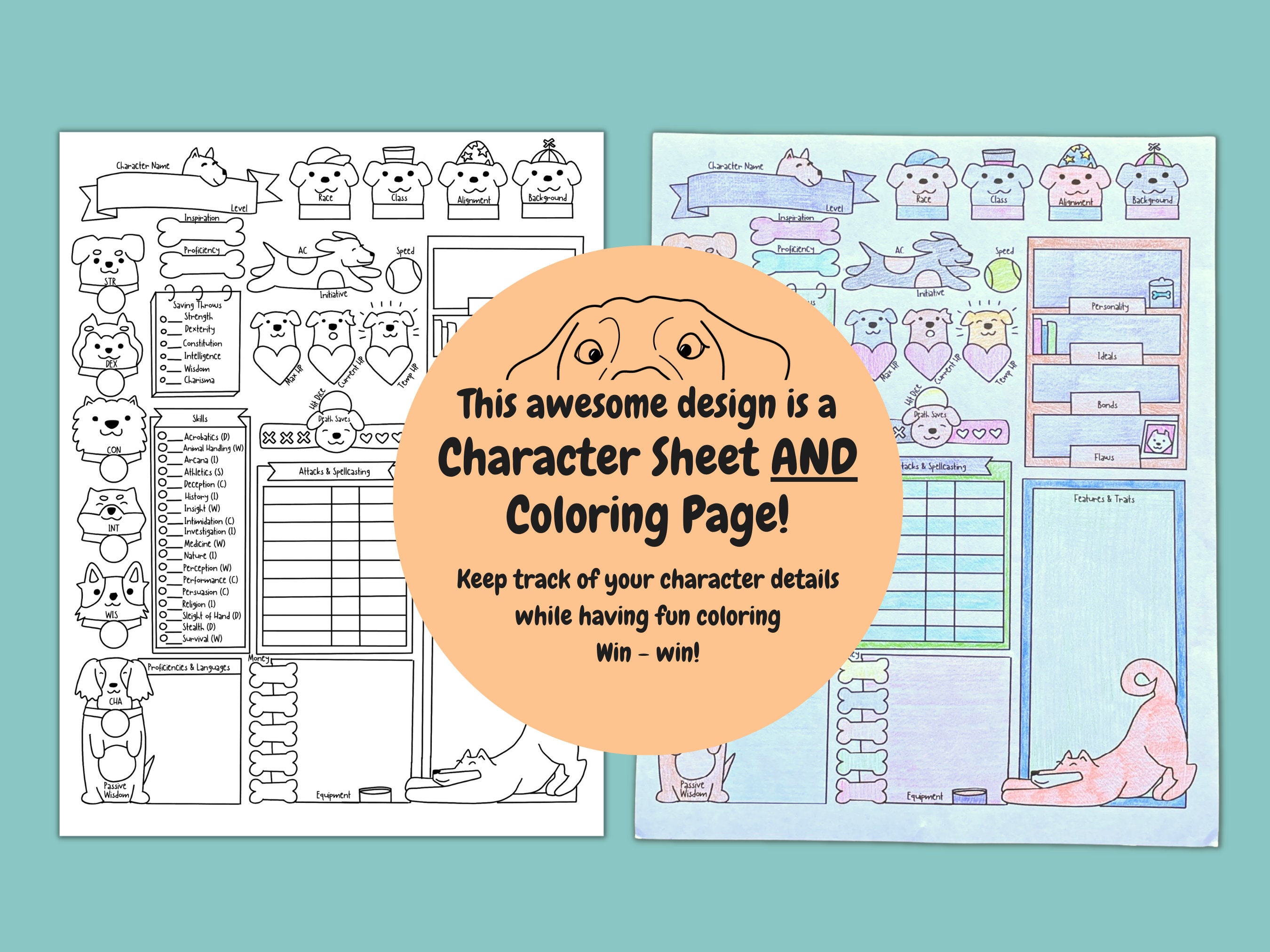 Dnd 5e Character Sheet & Coloring Page Dogs - Etsy Australia