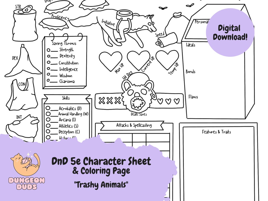 Dnd 5e Character Sheet & Coloring Page Trashy Animals - Etsy