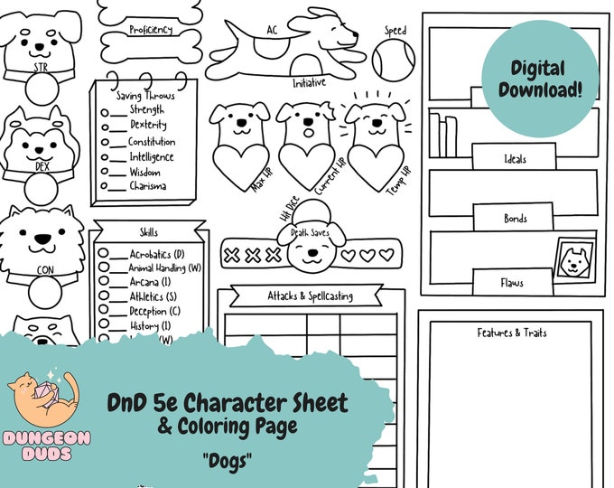 Dnd 5e Character Sheet & Coloring Page Dogs - Etsy Australia