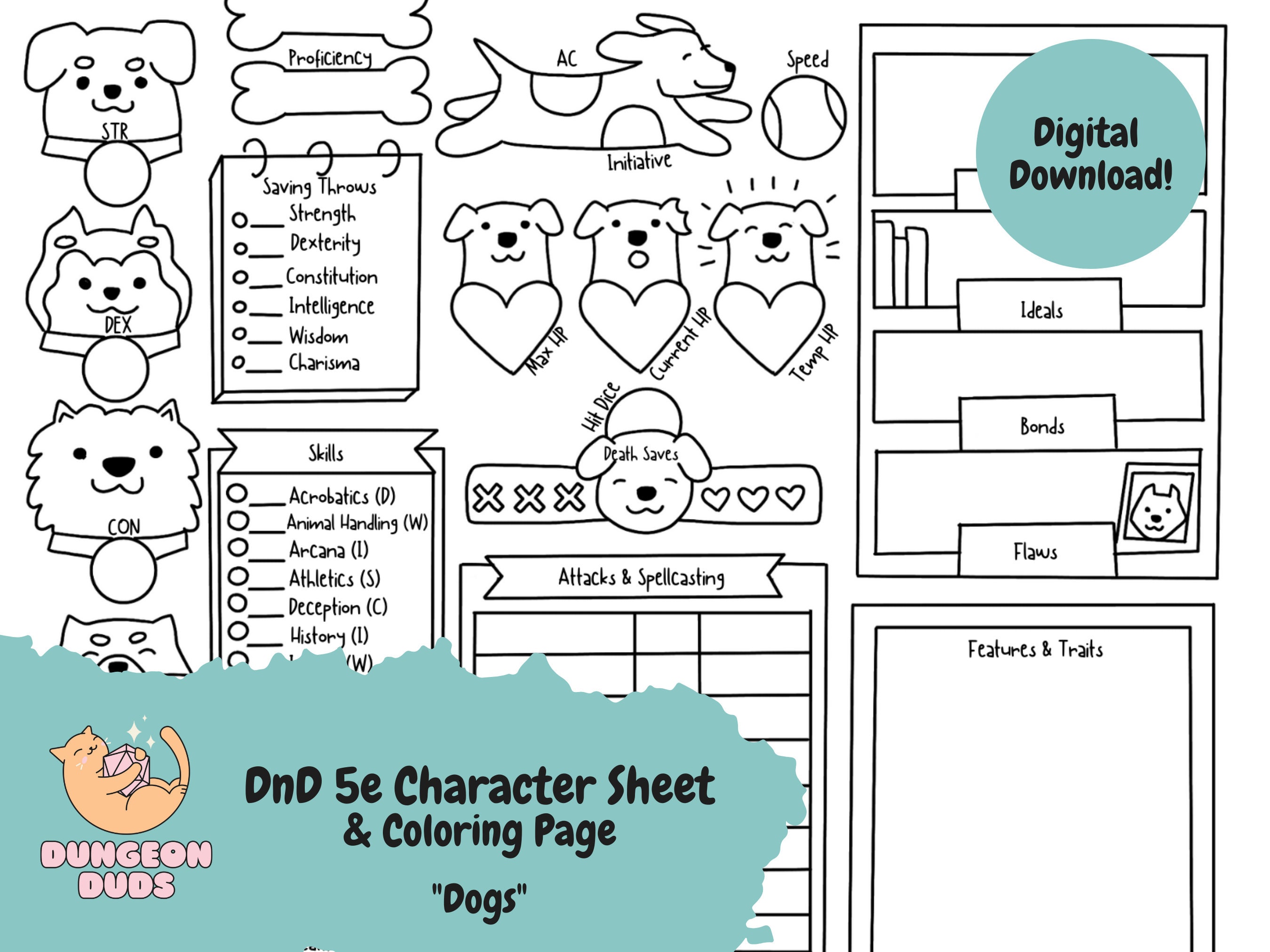 Dnd 5e Character Sheet & Coloring Page Dogs - Etsy Australia