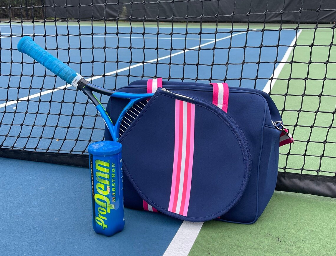 TENNIS BAG Navy Blue With Pink and White Stripe Neoprene - Etsy