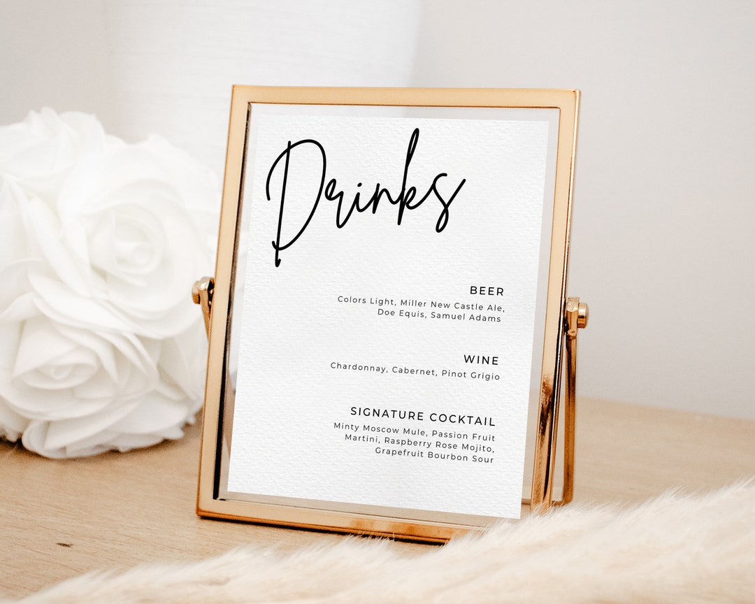 Bar Menu Template, Drink Menu Table Sign, Modern Wedding Decor ...