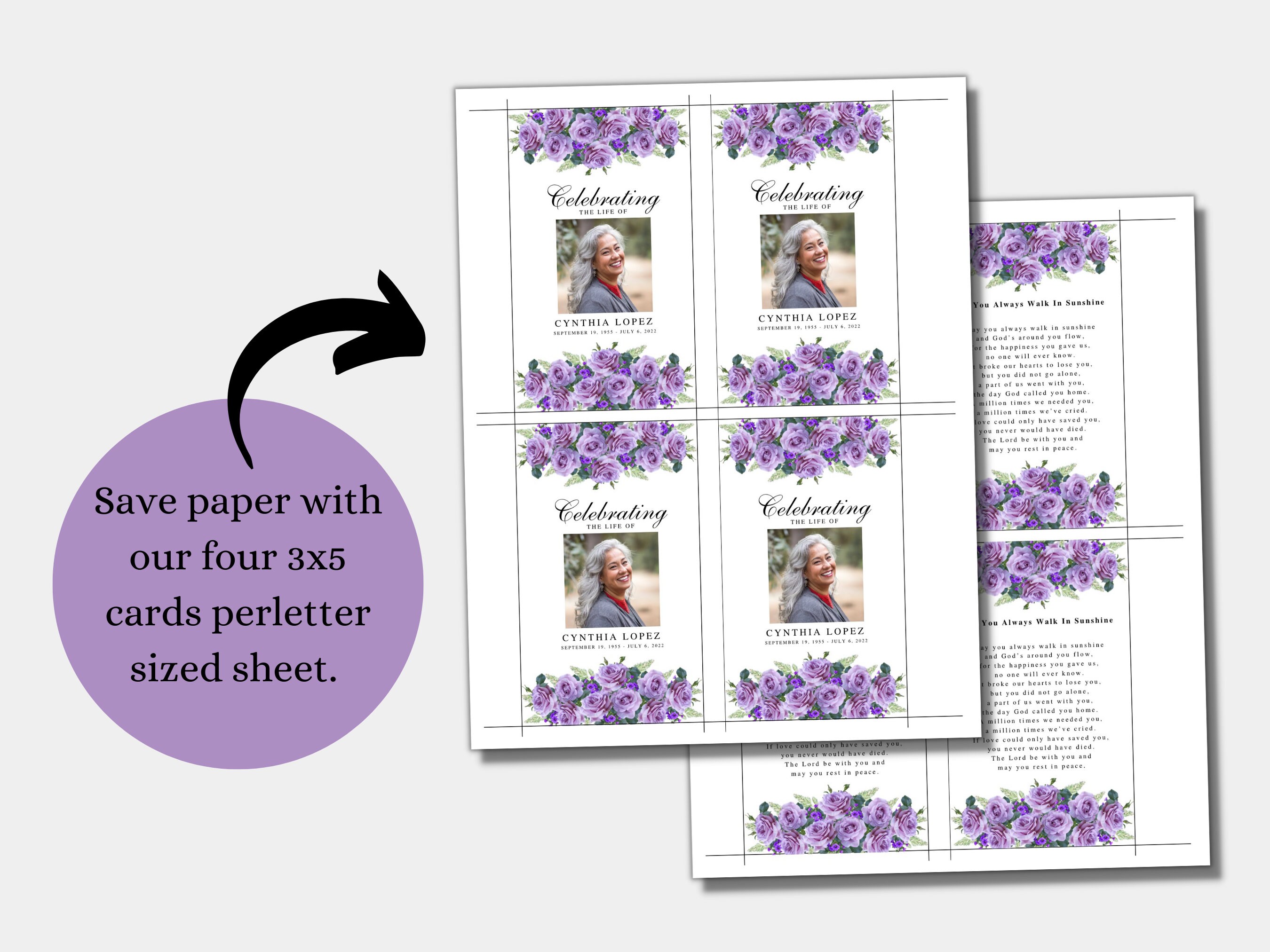 Editable Purple Flower Prayer Card Template, Memorial Prayer Cards ...
