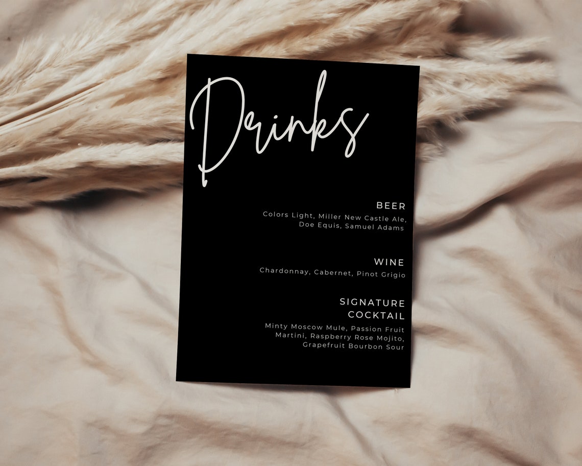 Black and White Bar Menu Template, Black Wedding Drinks Menu Sign, Bar ...