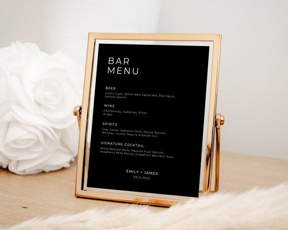Black Bar Menu for Wedding Drinks Menu Sign Template Canva | Etsy