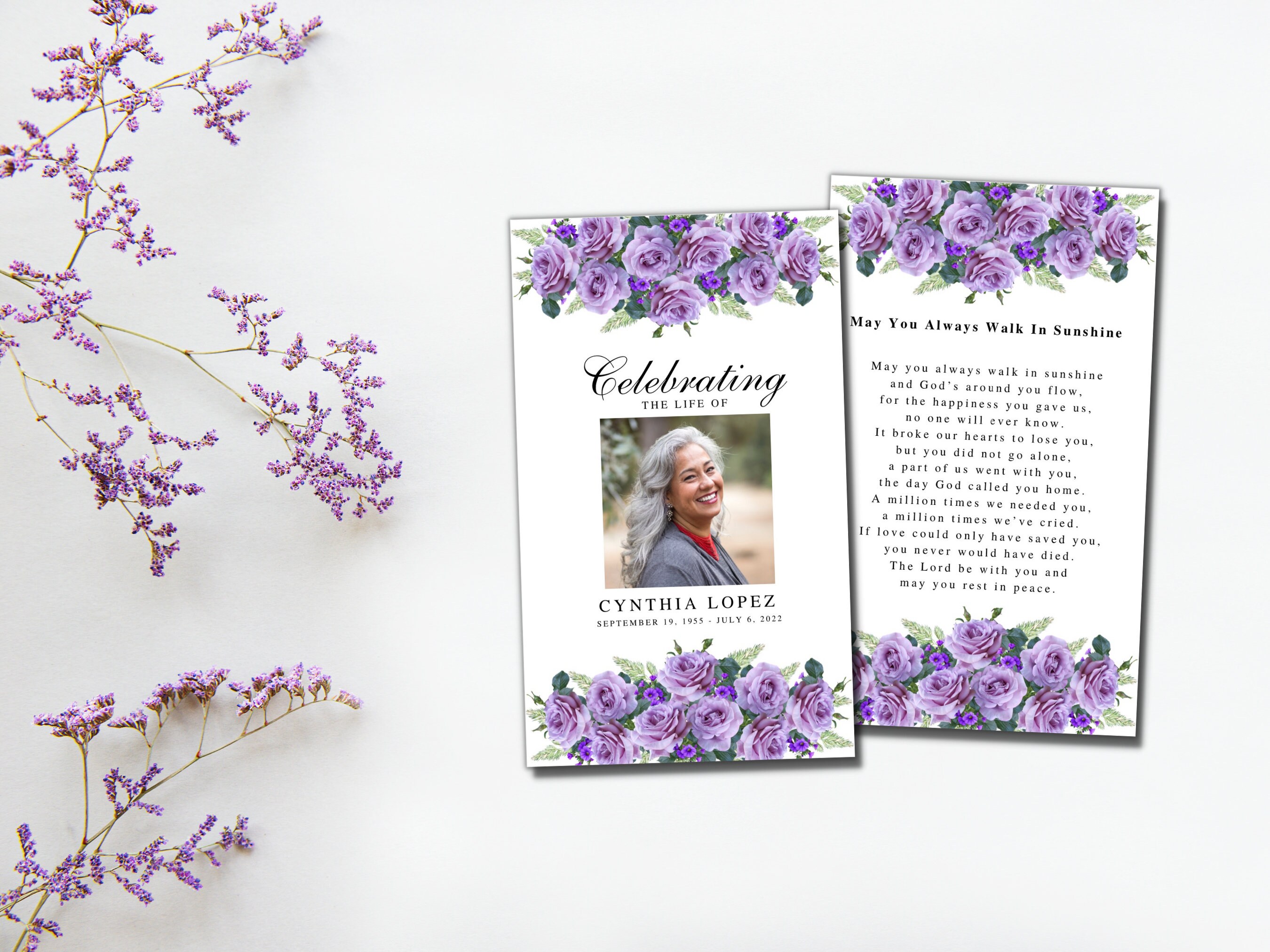 Editable Purple Flower Prayer Card Template, Memorial Prayer Cards ...