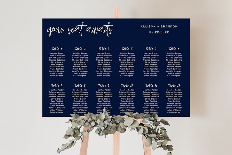Blue Wedding Seating Chart, Seating Chart Template, Seating Plan ...