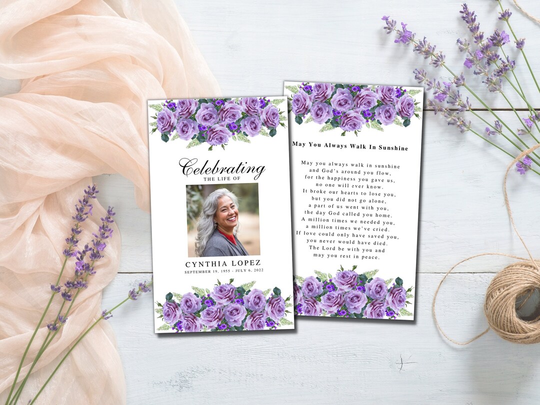 Editable Purple Flower Prayer Card Template, Memorial Prayer Cards ...