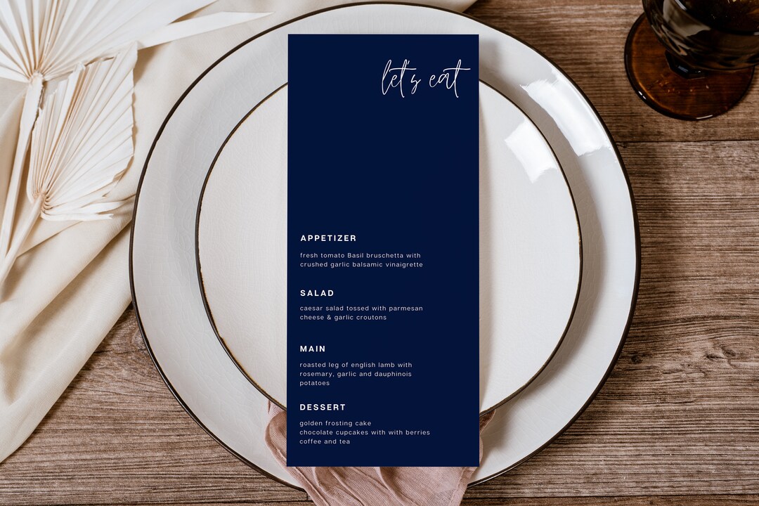 Blue Wedding Menu Template, Modern Wedding Table Decor, Navy Blue Menu ...