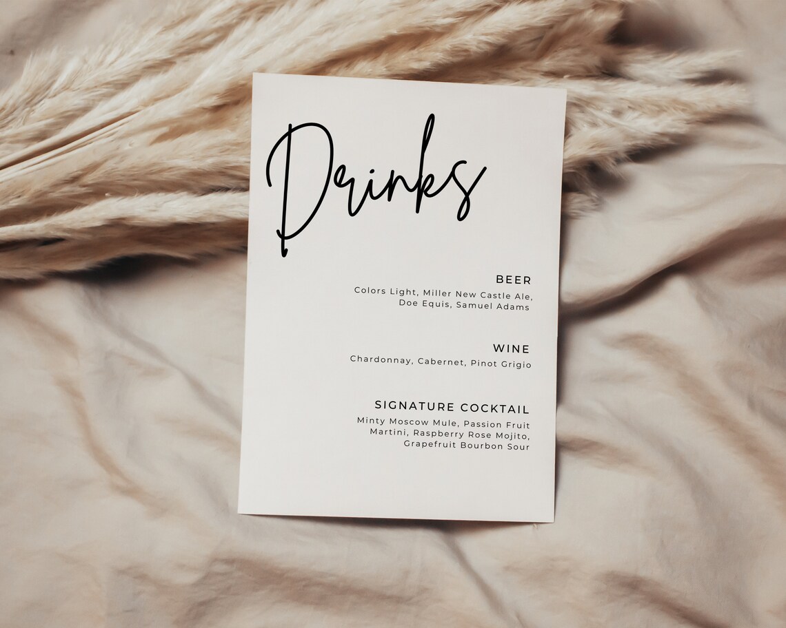 Bar Menu Template, Drink Menu Table Sign, Modern Wedding Decor ...