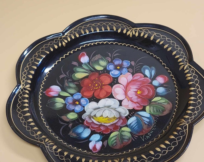 Russian Tole Metal Tray Zhostovo Signed Tray With Flowers Scalloped ...