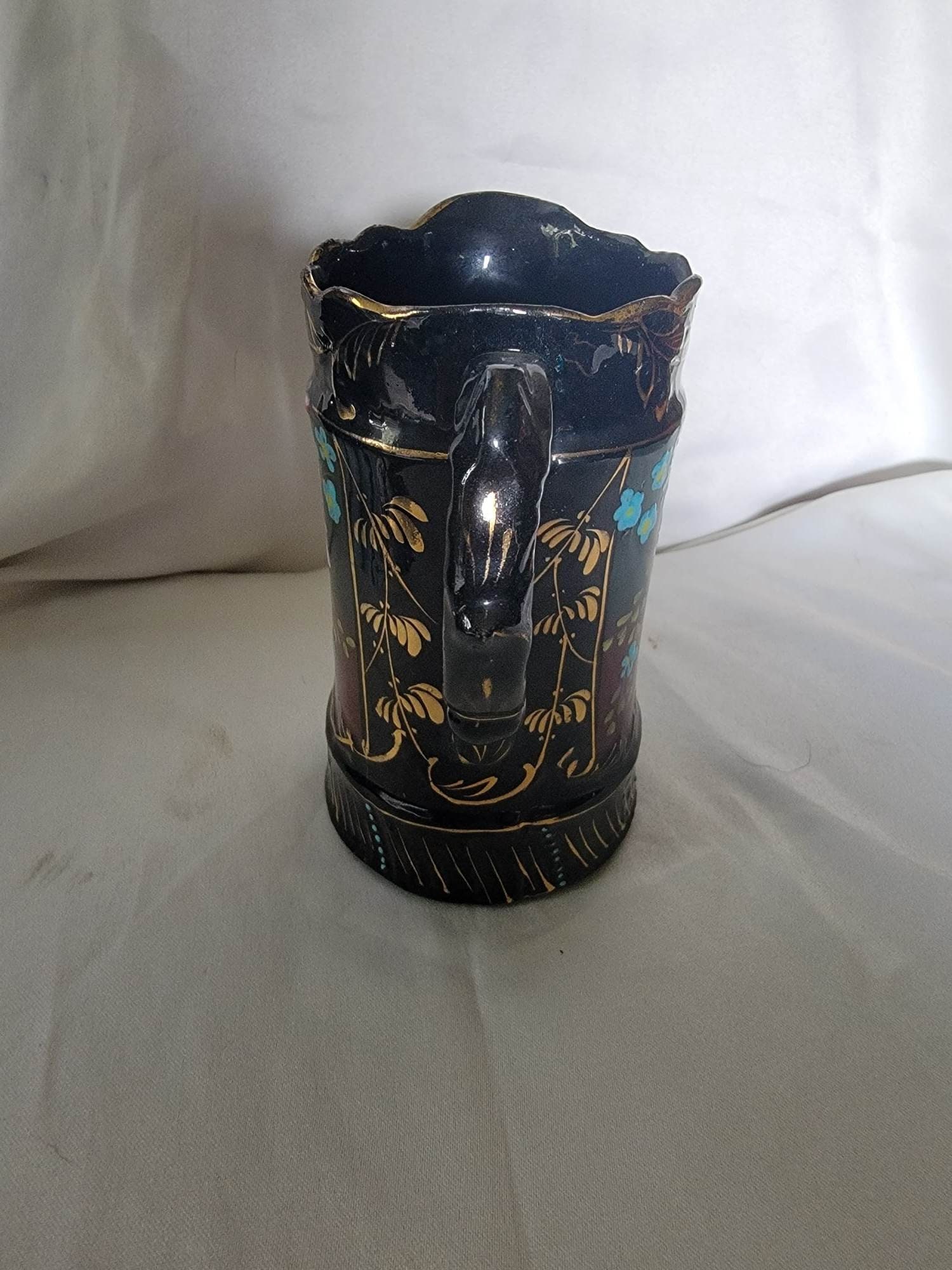 Jackfield Black Pottery Pitcher Floral Gold Gild - Etsy
