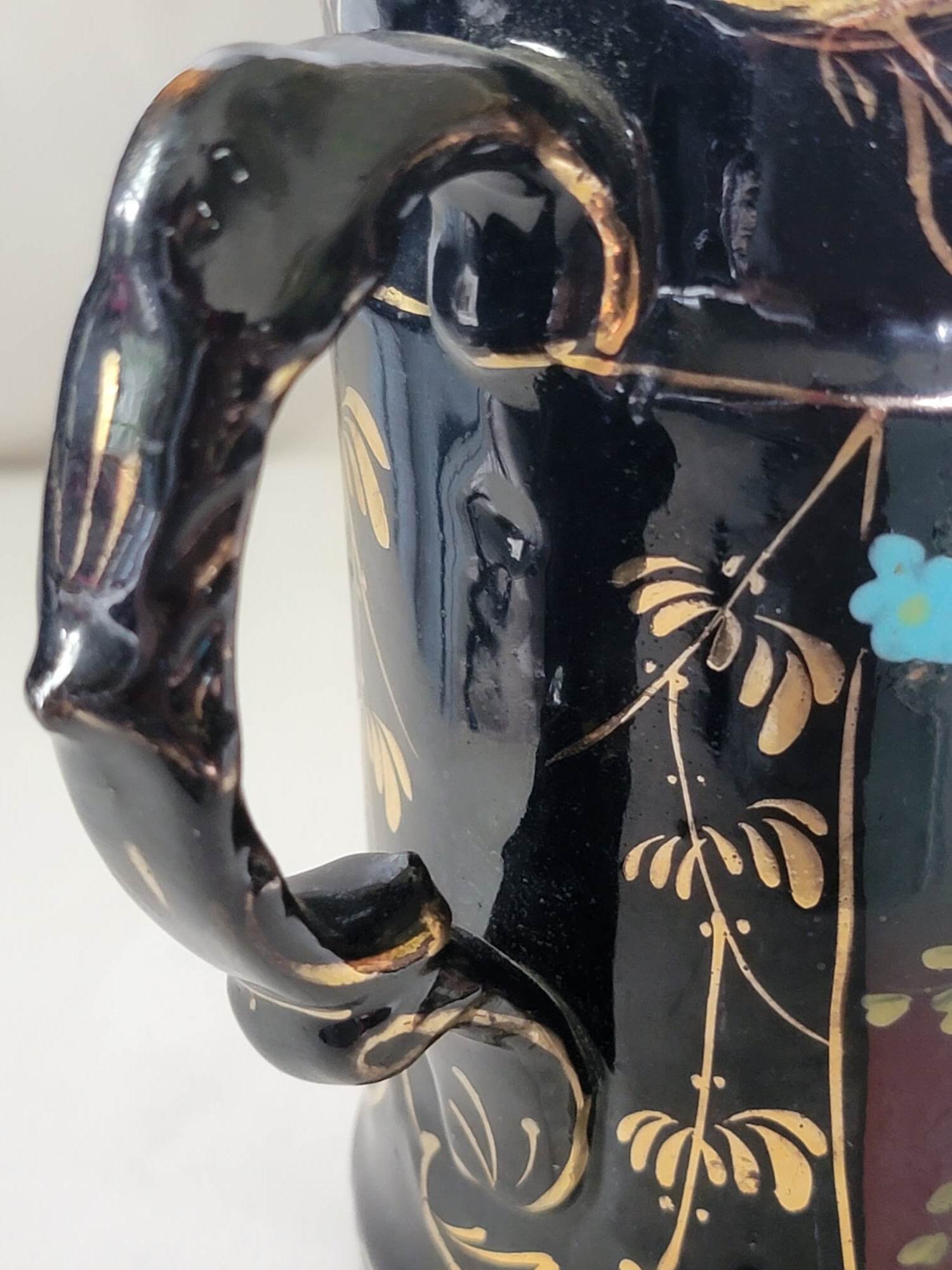 Jackfield Black Pottery Pitcher Floral Gold Gild - Etsy