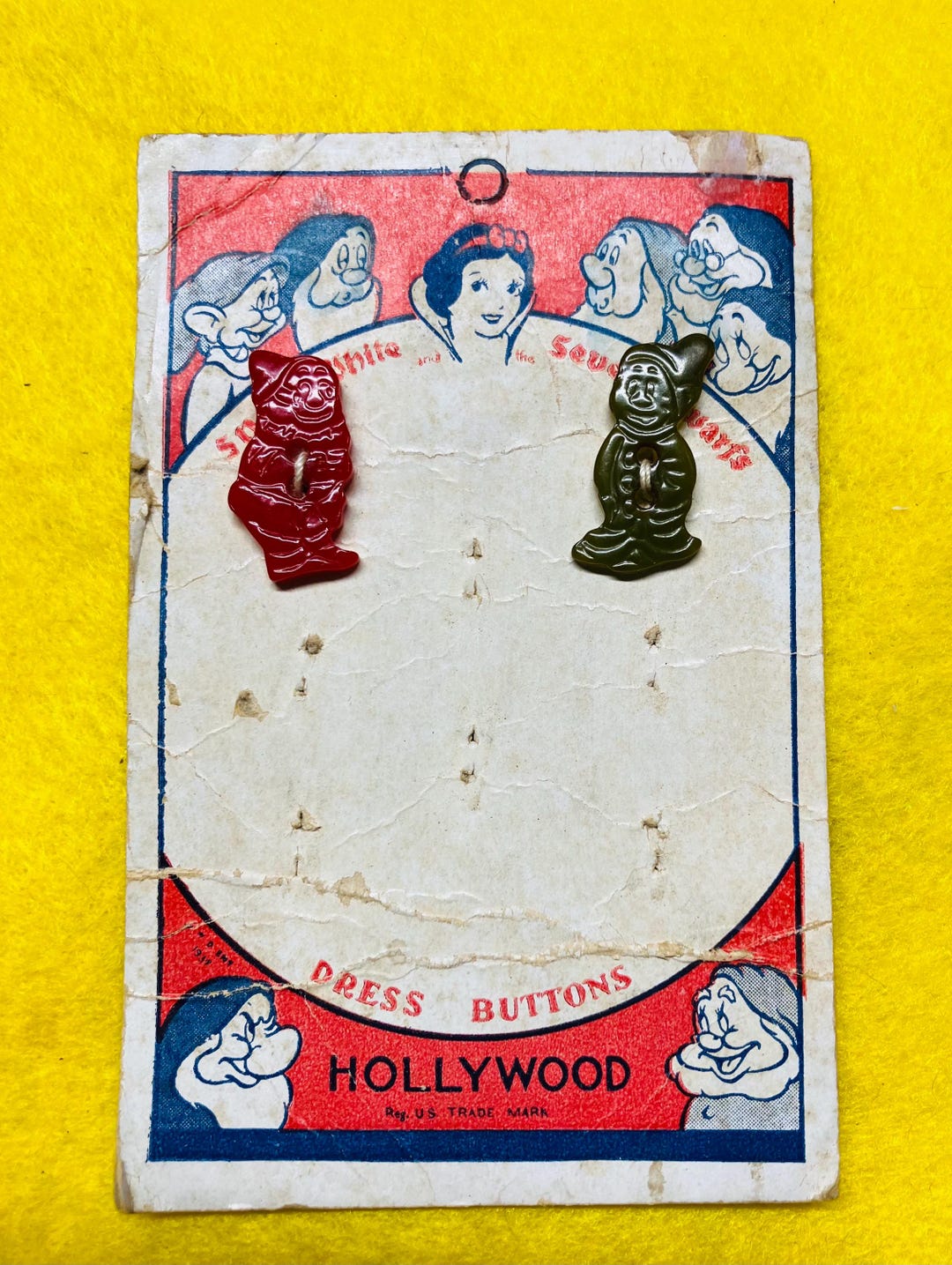 1930s hollywood Snow White Dwarf Button Card Containing 2 Bakelite ...