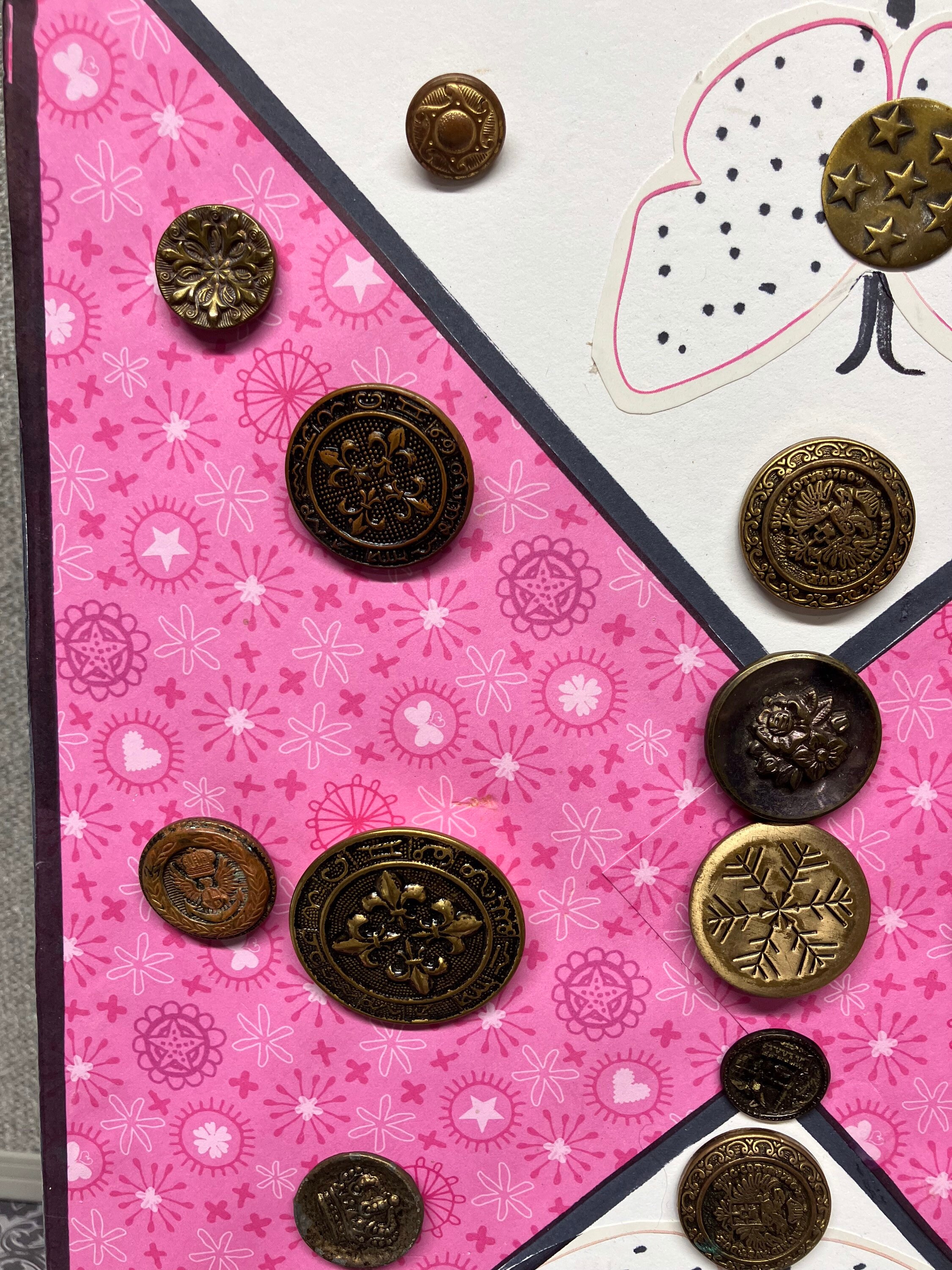 Antique and Vintage Display Card of 23 Gold Tone Metal Buttons of ...
