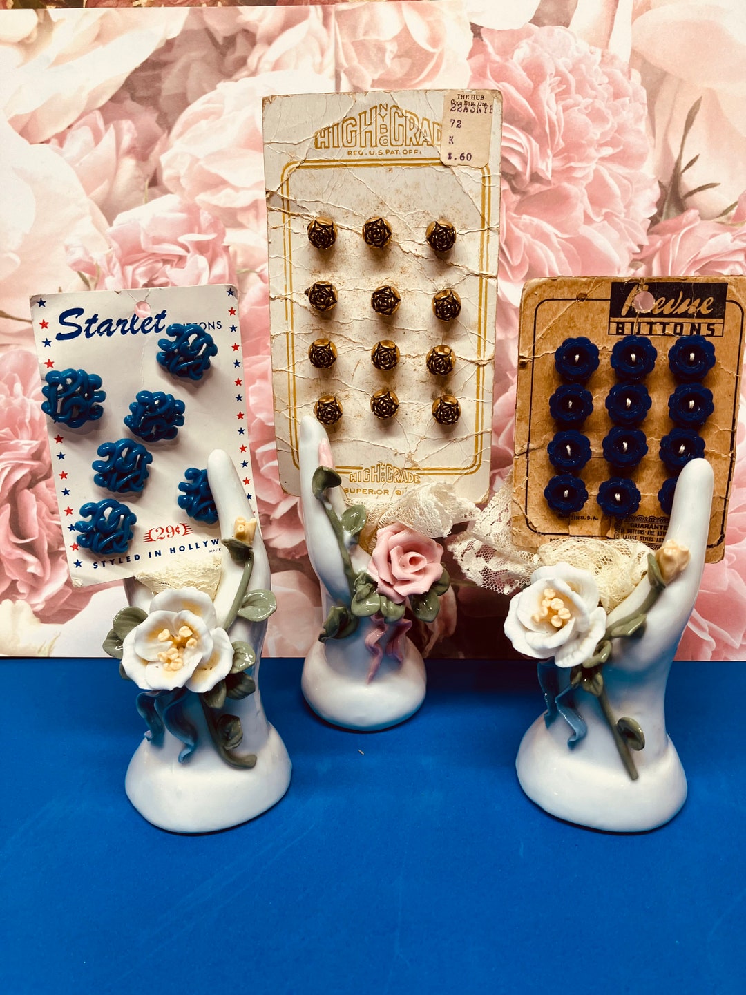 Lot of Three Vintage Realistic Button Cards of Flowers & Monogram ...