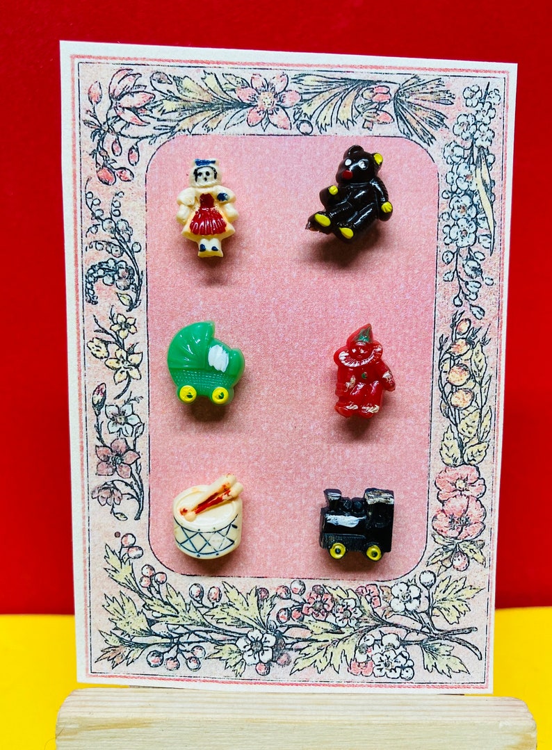 1940s Complete TOY SET 6 of Realistic Buttons of Doll, Bear, Carriage ...
