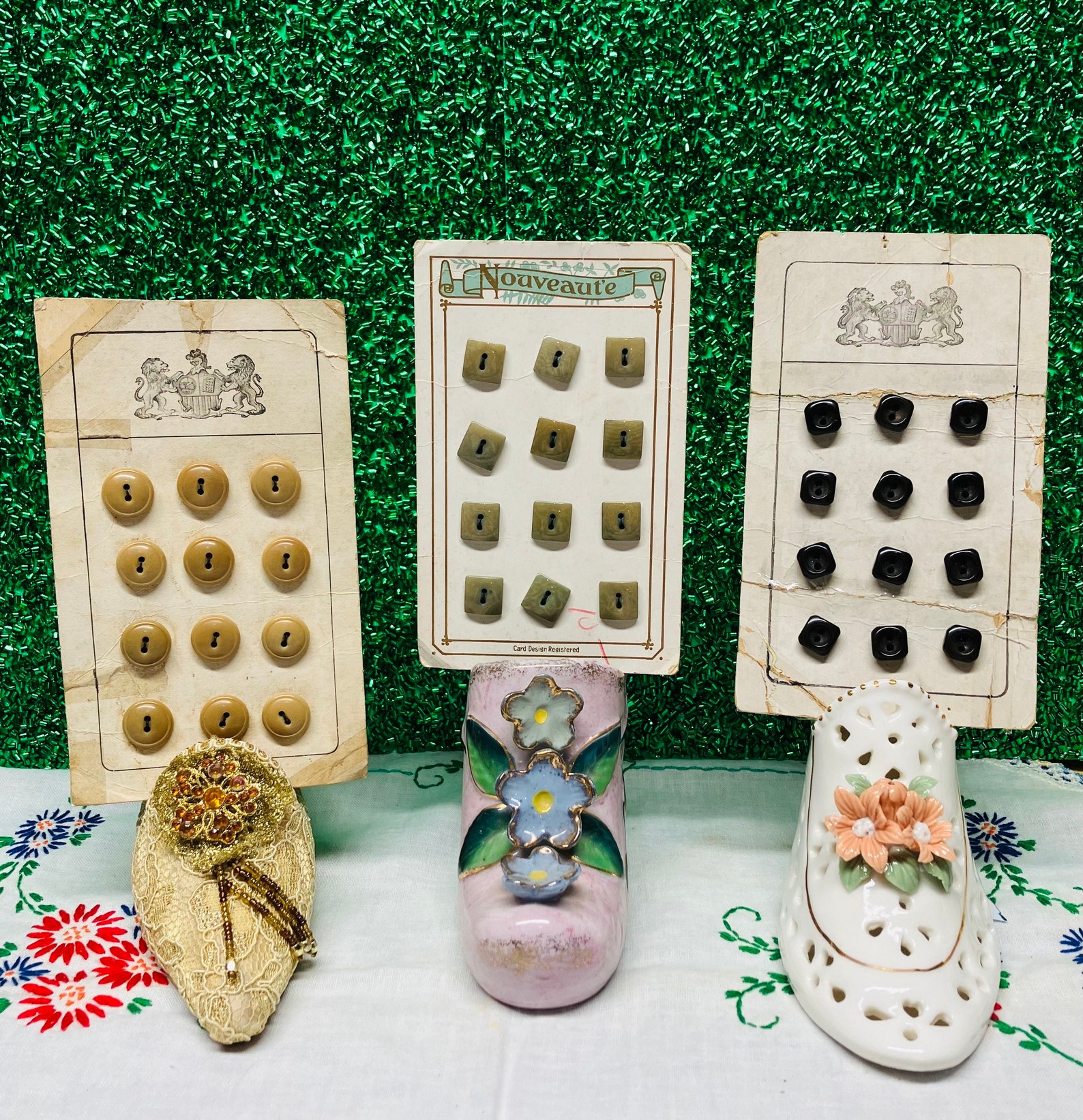 Three Antique Large Original Button Cards With a Total of 36 Original ...