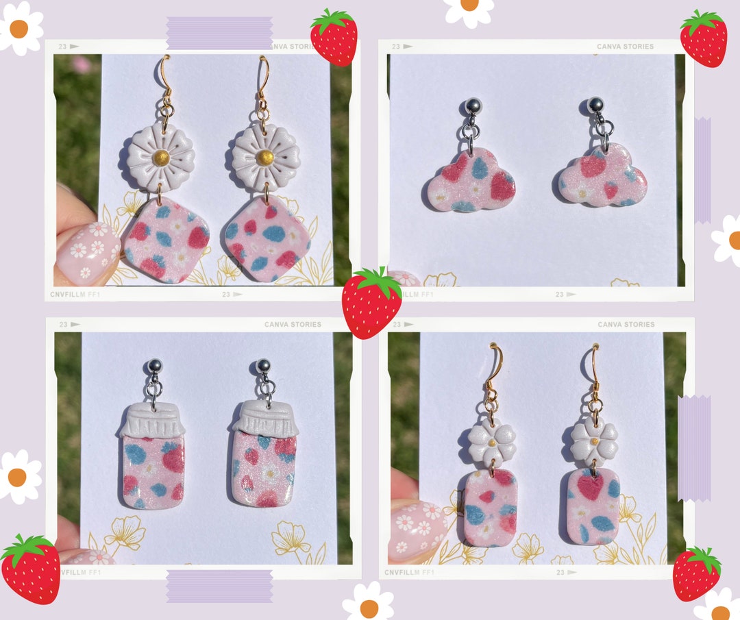 Strawberry and Daisy Clay Statement Earrings Cottagecore Jewelry ...