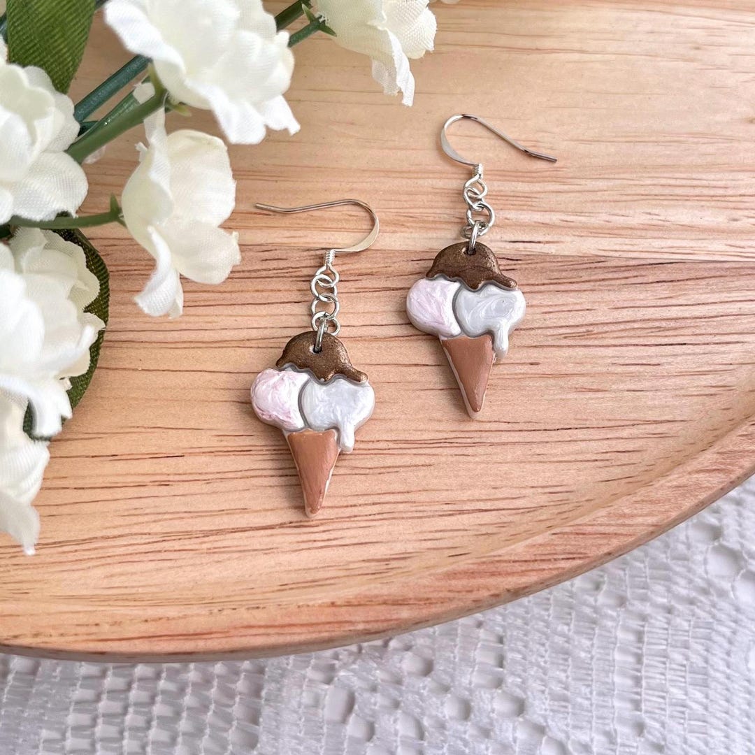 Ice Cream Cone Earrings: Handmade Polymer Clay Neapolitan Sundae - Etsy