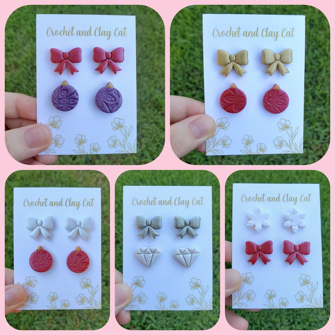 Christmas Bow Stud Pack Earrings Holiday Polymer Clay - Etsy