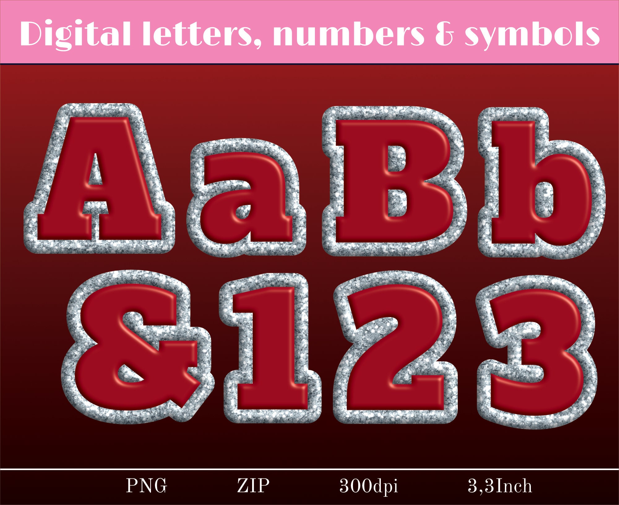 Red Silver Glitter Alphabet Pack Digital Clipart Varsity Letters PNG ...