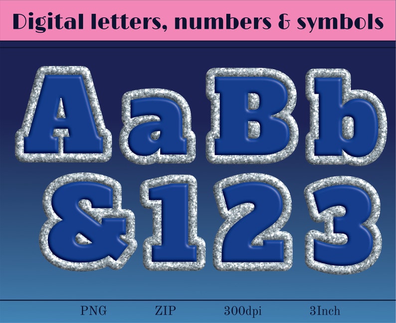 Blue Silver Glitter Alphabet Pack Digital Clipart Varsity - Etsy