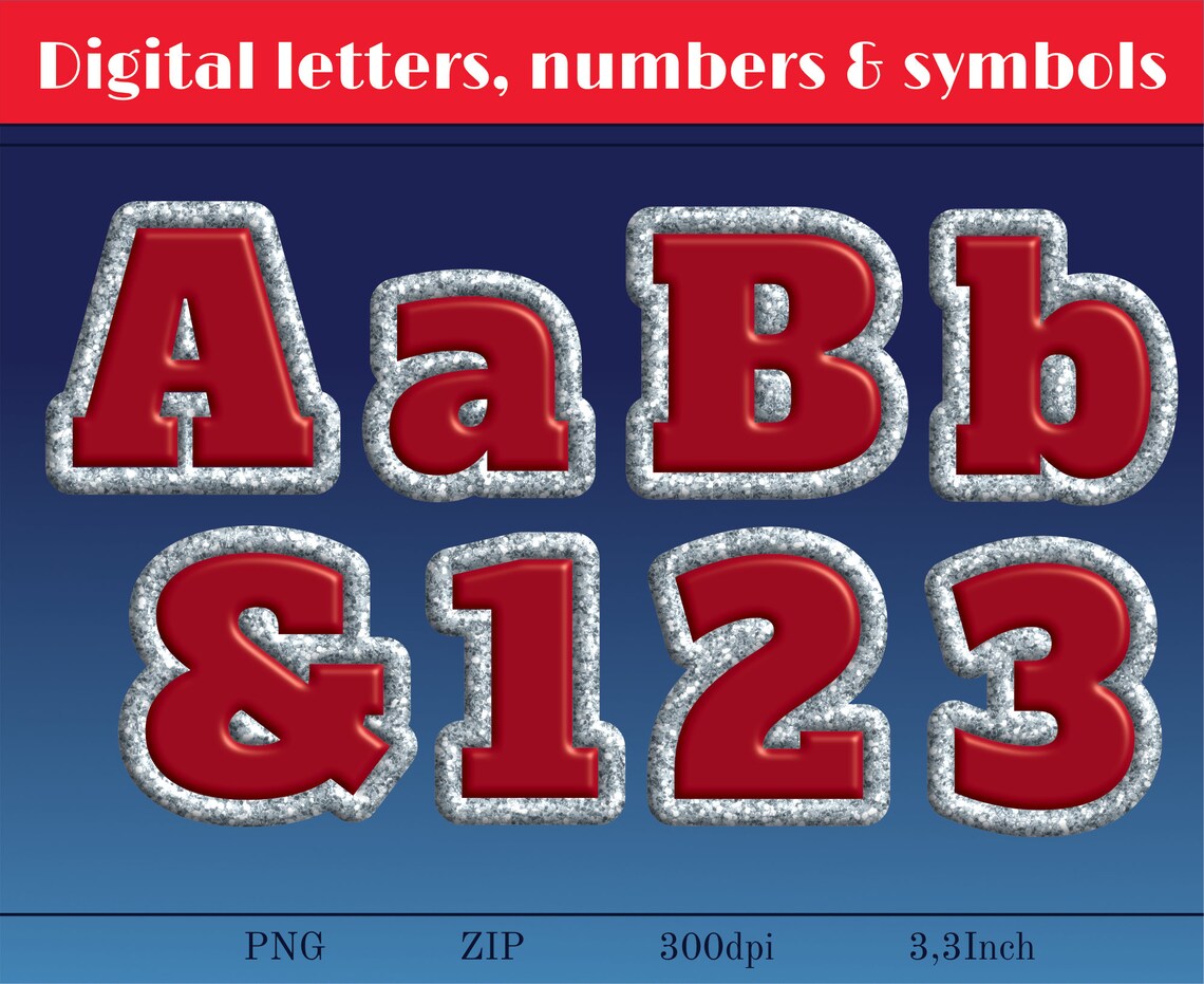 Red Silver Glitter Alphabet Pack Digital Clipart Varsity Letters PNG ...