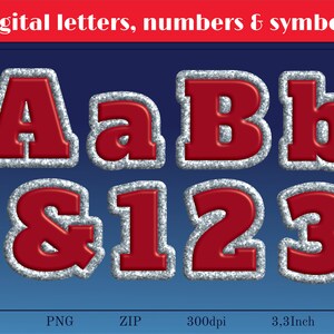 Red Silver Glitter Alphabet Pack Digital Clipart Varsity Letters PNG ...