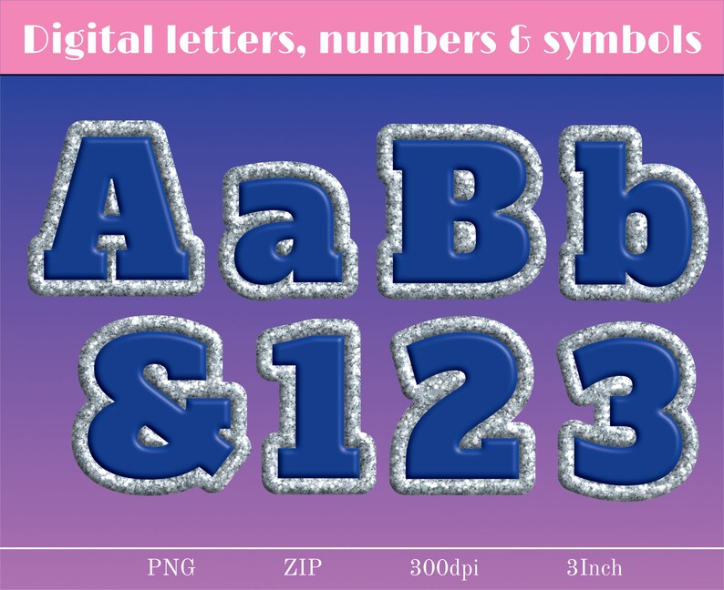 Blue Silver Glitter Alphabet Pack Digital Clipart Varsity - Etsy