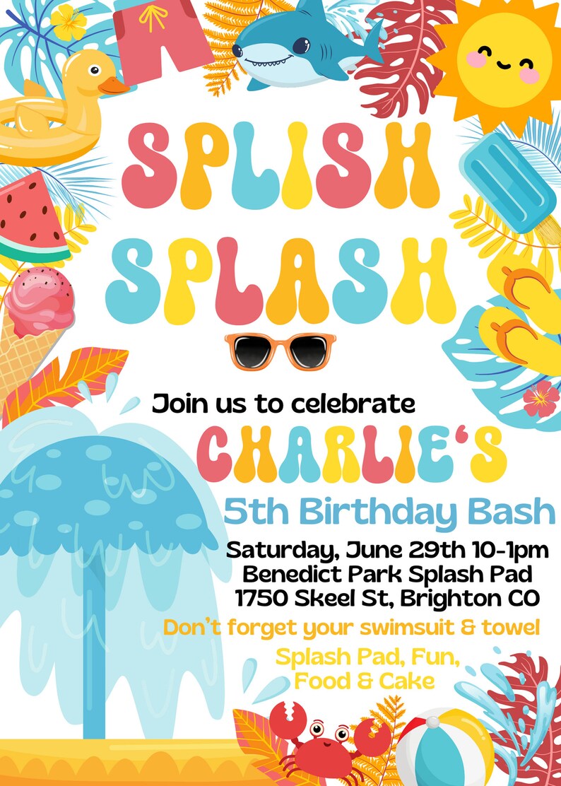Splish Splash Summer Fun Birthday Party Digital Invitation Summer Pool ...