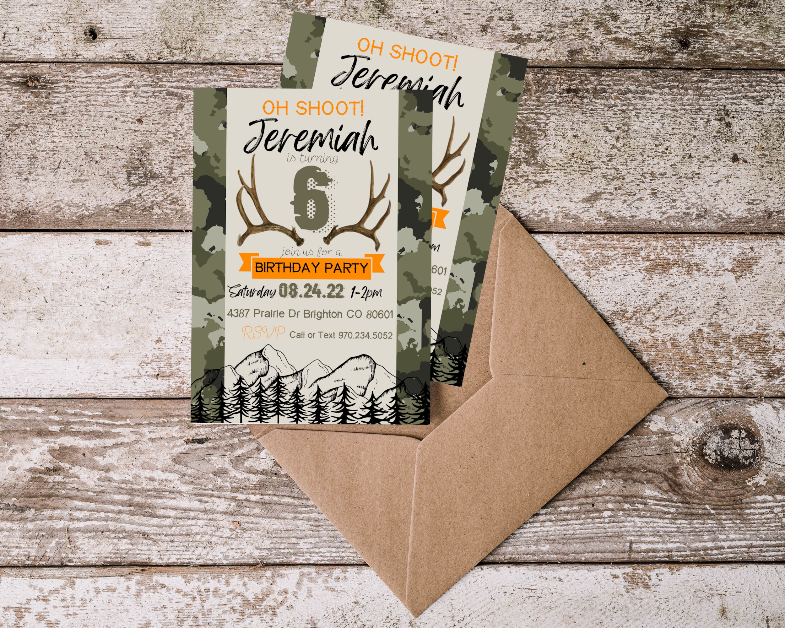 Hunting Party Invitation | Hunter, Camo, Deer Antler, Mountains ...