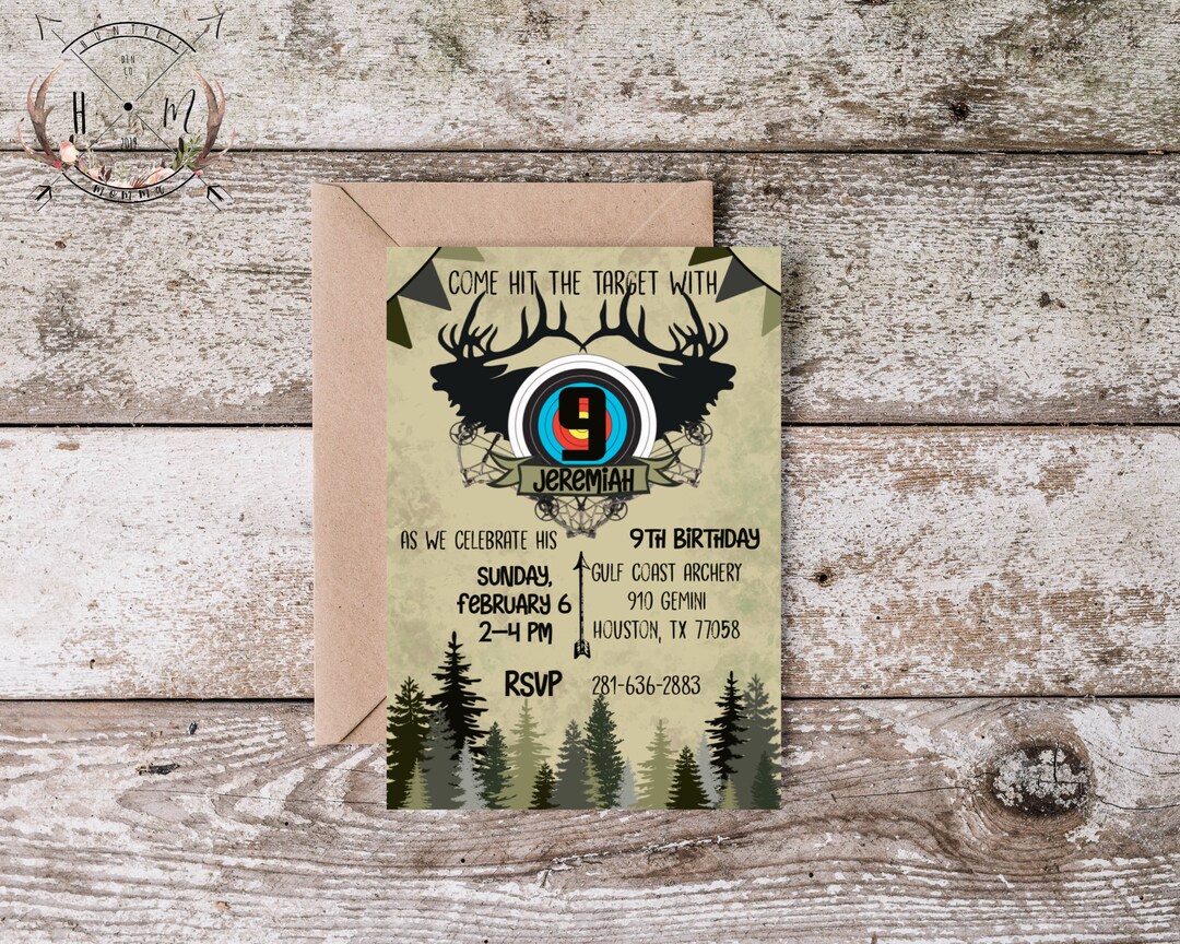 Archery Elk Hunting Party Invitation | Digital Camo Archery Target ...