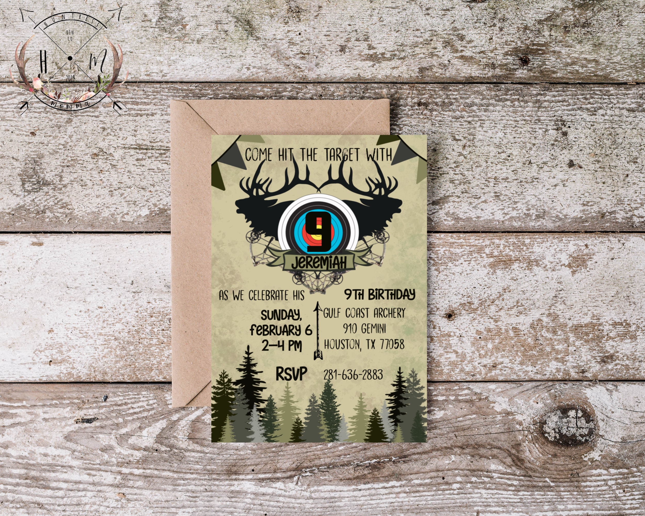 Archery Elk Hunting Party Invitation | Digital Camo Archery Target ...