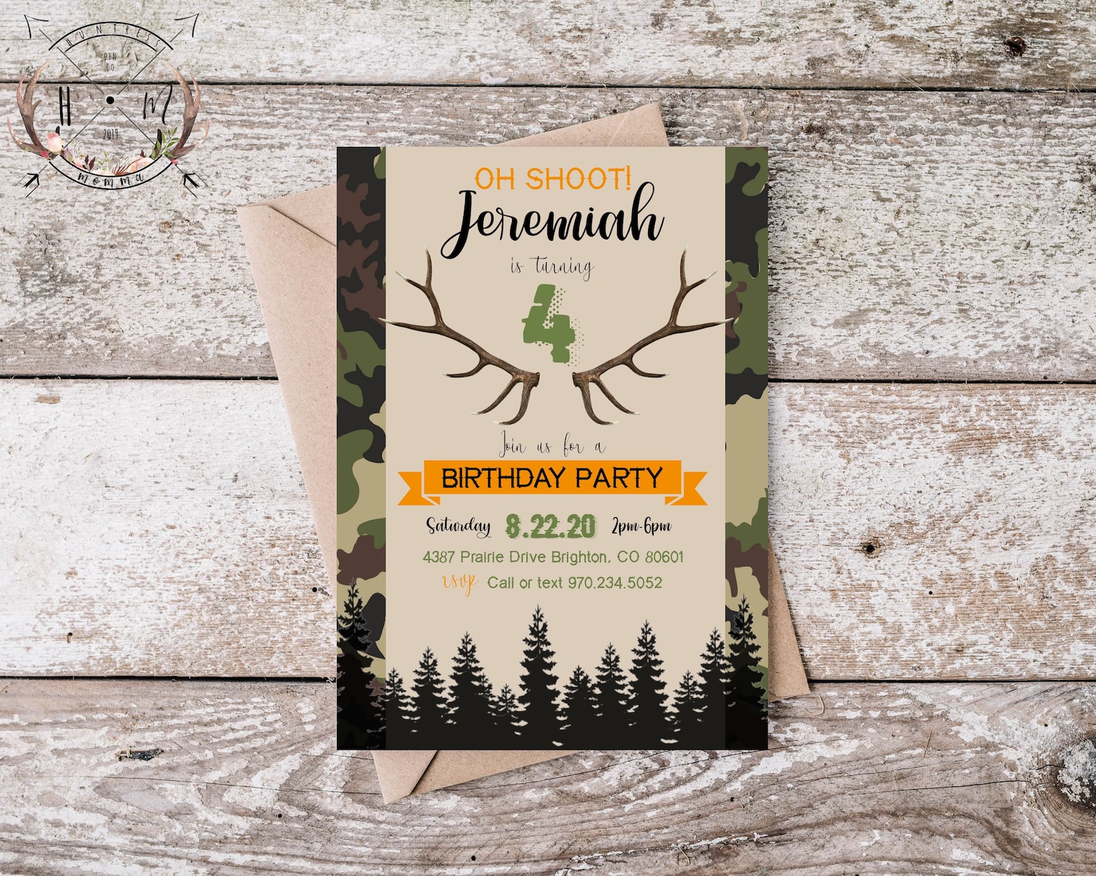 Hunting Party Invitation | Hunter, Camo, Antler Birthday | Oh Shoot ...