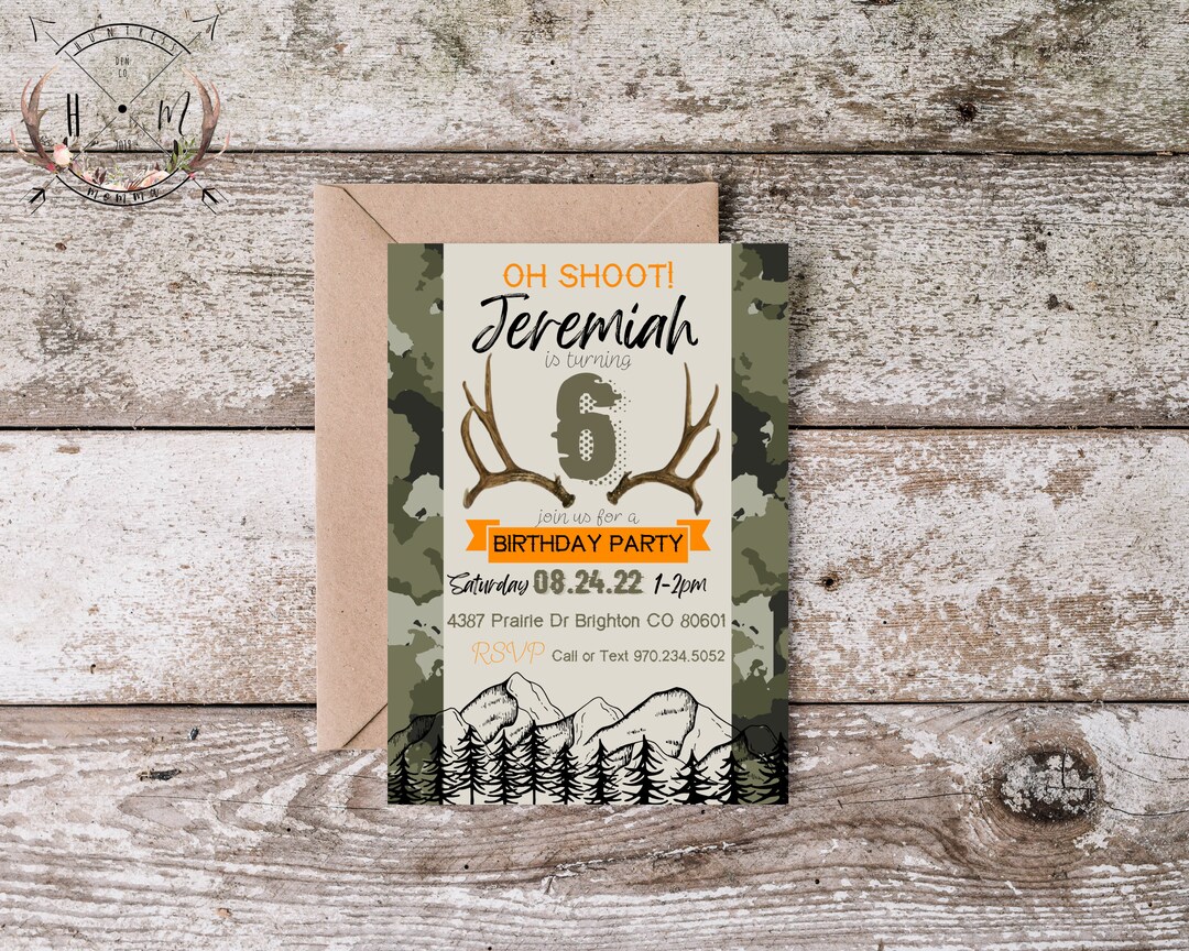 Hunting Party Invitation | Hunter, Camo, Deer Antler, Mountains ...