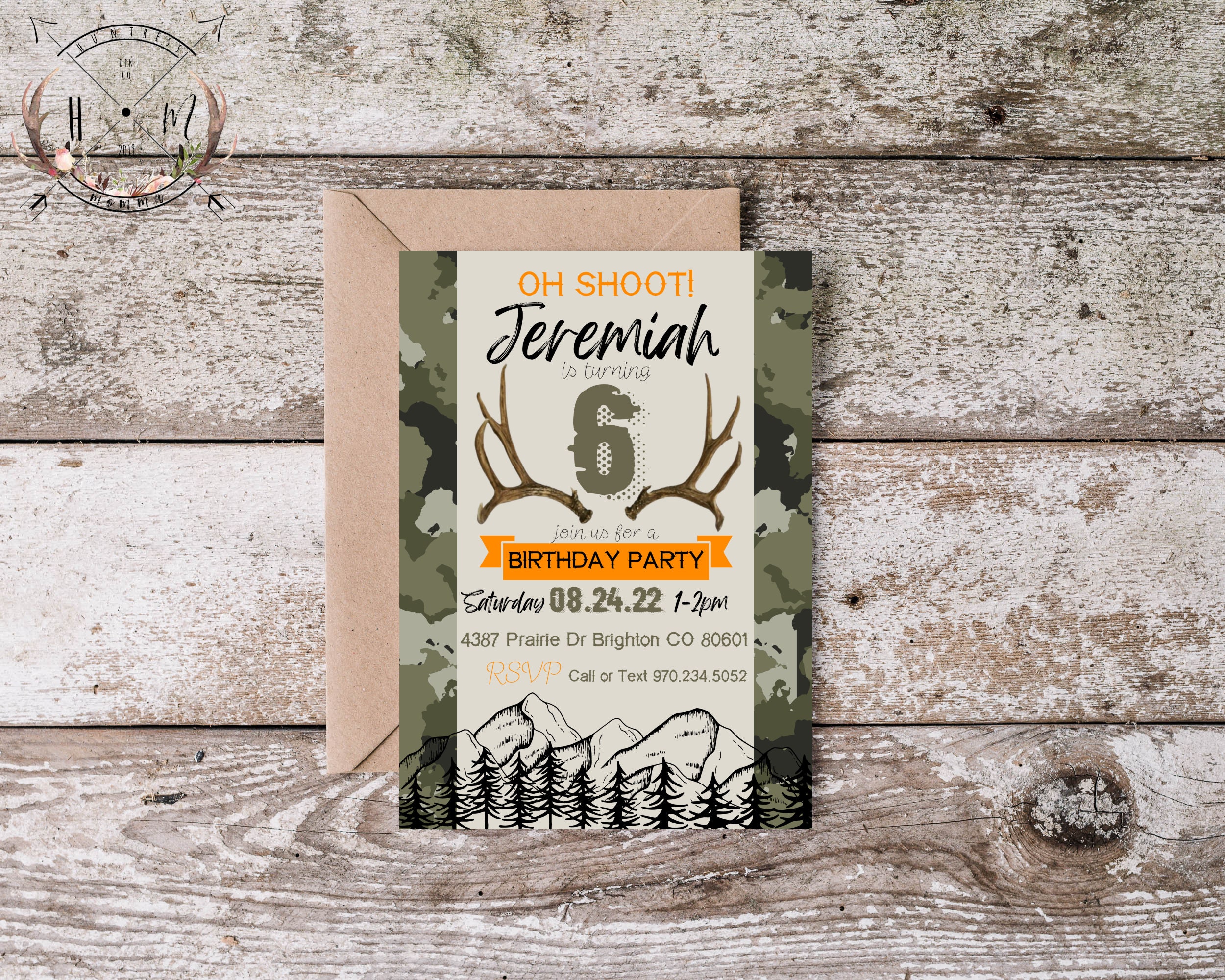Hunting Party Invitation | Hunter, Camo, Deer Antler, Mountains ...