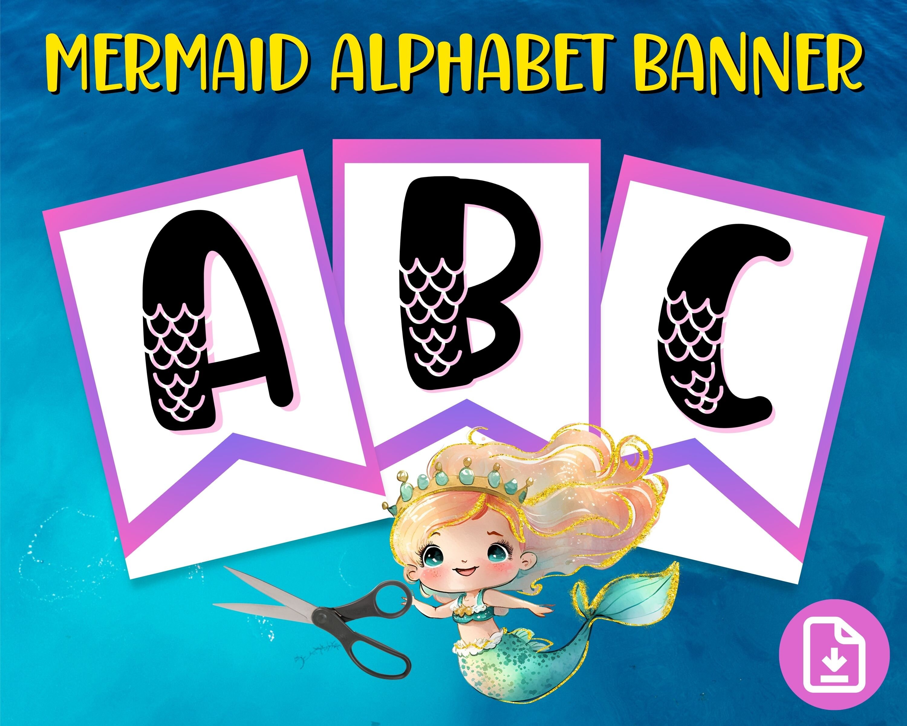 Printable Alphabet Banner Letters and Numbers, Mermaid Banner, Mermaid ...