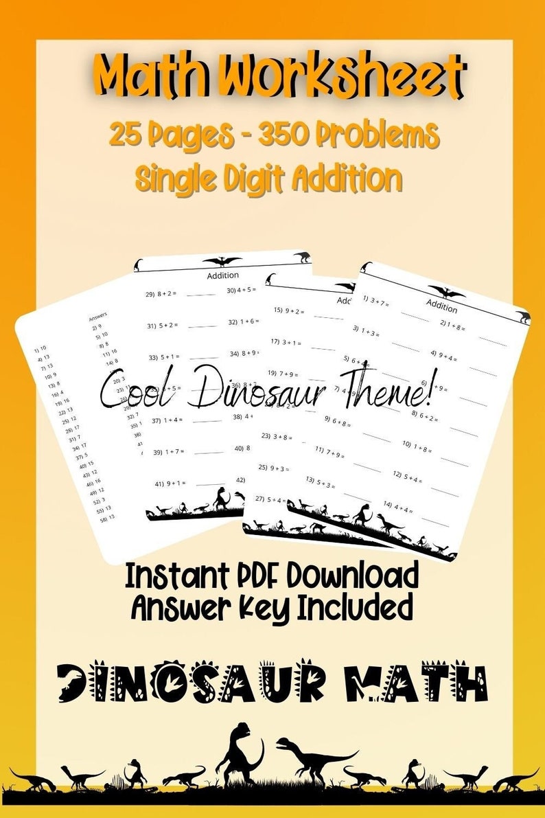Math Worksheets Printable, Single Digit Addition Problems, Dinosaur ...