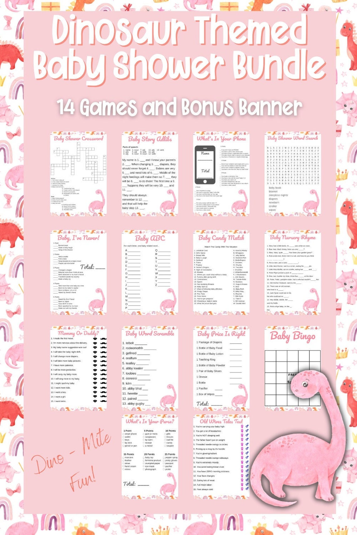 Pink Dinosaur Baby Shower Games for Girls, Party Banner Printable, Baby ...