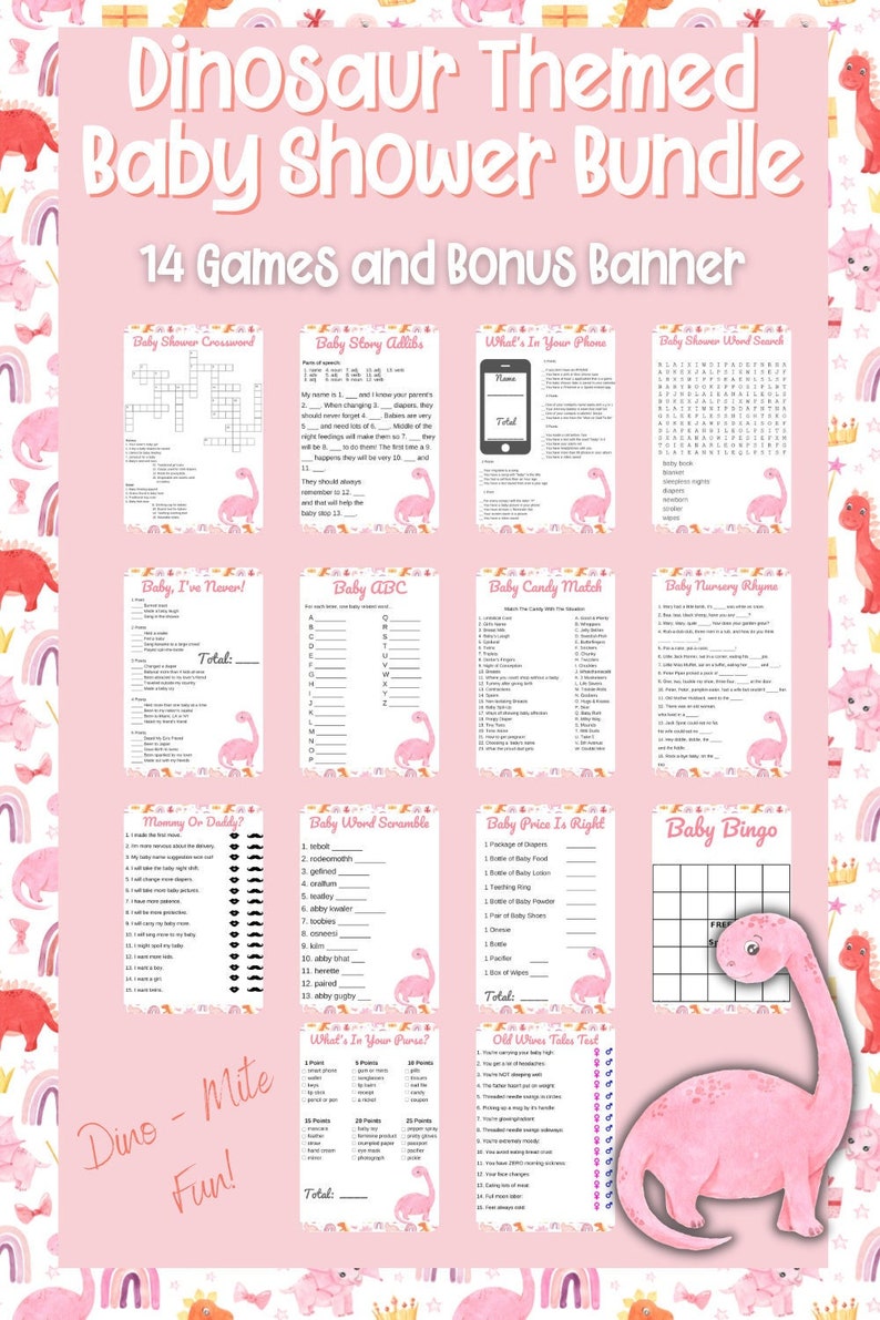 Pink Dinosaur Baby Shower Games for Girls, Party Banner Printable, Baby ...