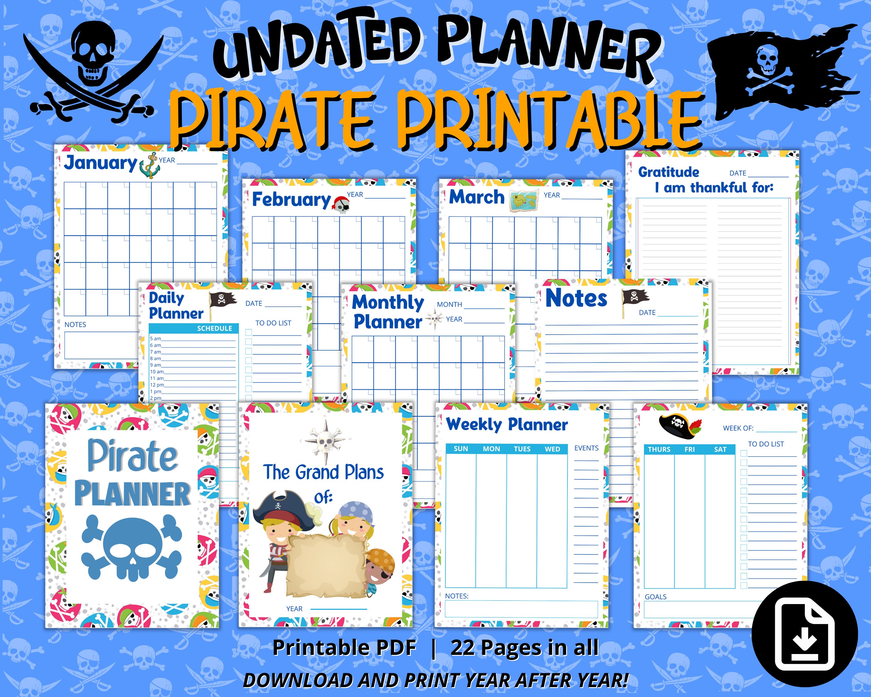 Pirate Undated Planner Printable, Undated Daily Planner and Organizer ...