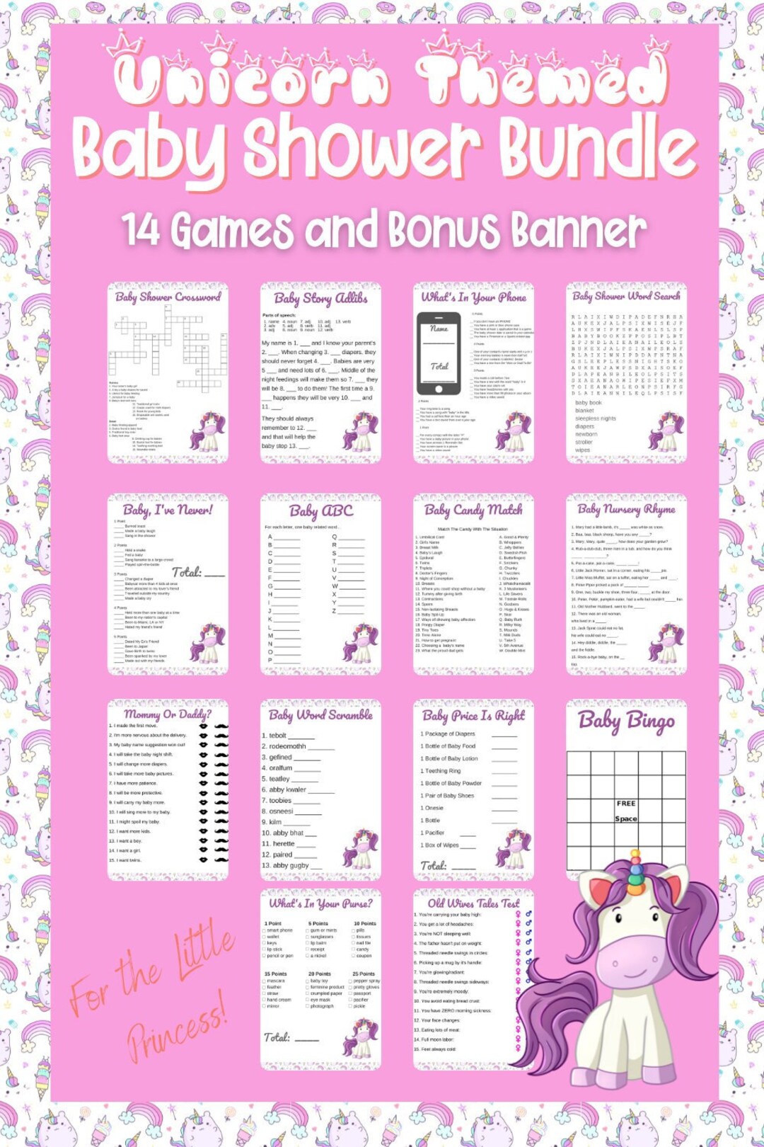 Unicorn Baby Shower Games for Girls, Party Banner Printable, Baby ...