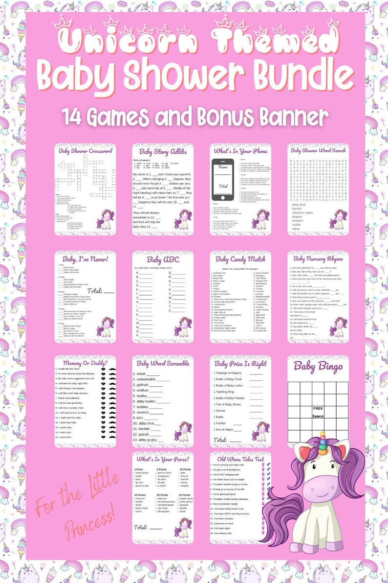 Unicorn Baby Shower Games for Girls, Party Banner Printable, Baby ...