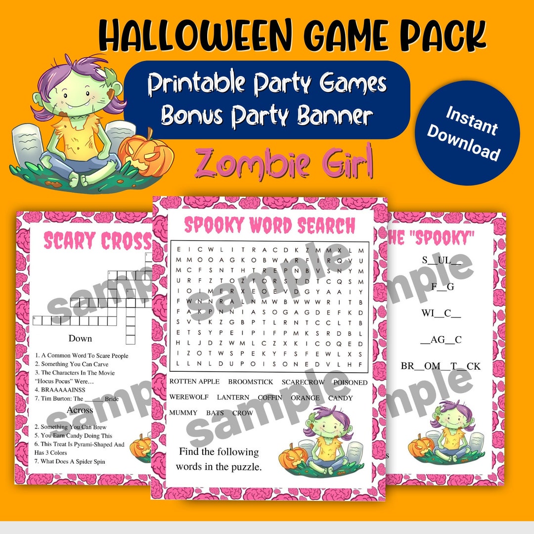 Halloween Printable Games, Zombie Girl, Printable Party Banner ...