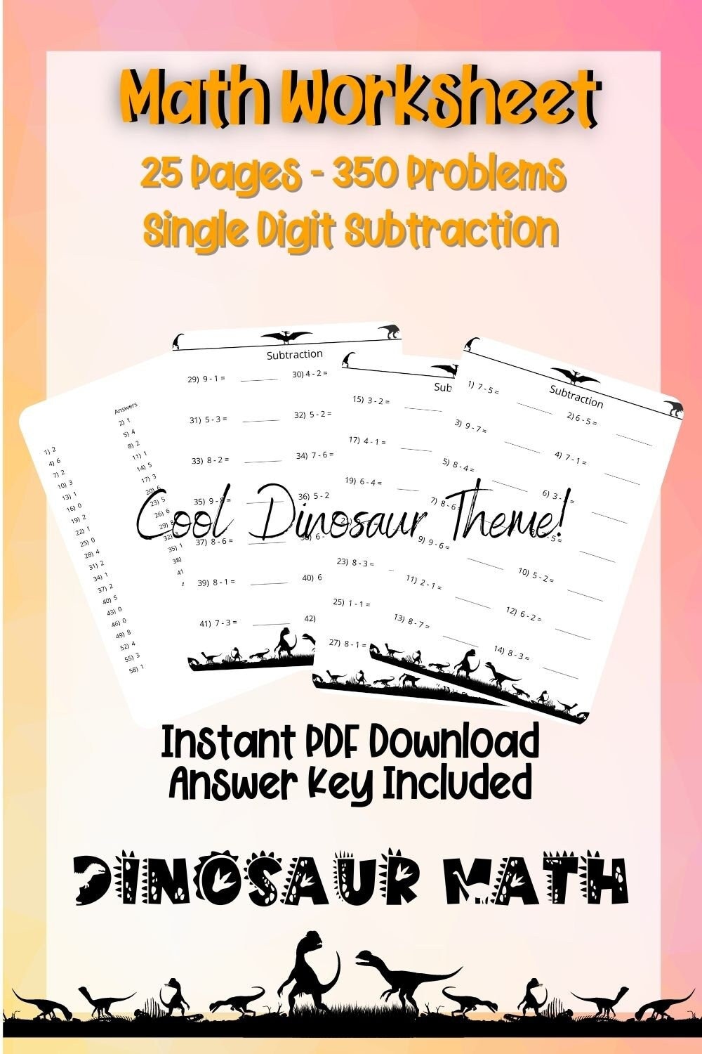 Math Worksheets Printable, Single Digit Subtraction Problems, Dinosaur ...