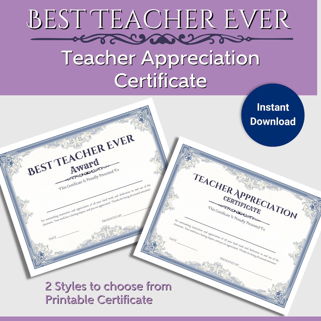 Best Teacher Ever, Teacher Appreciation Printable Certificate, Gift for ...