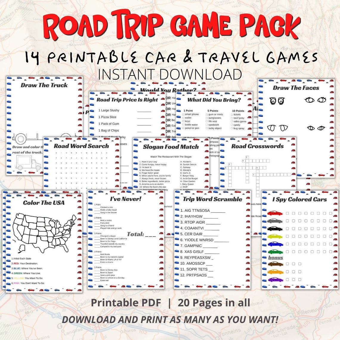 Road Trip Games Printable, Road Trip Games for Kids, Travel Games ...