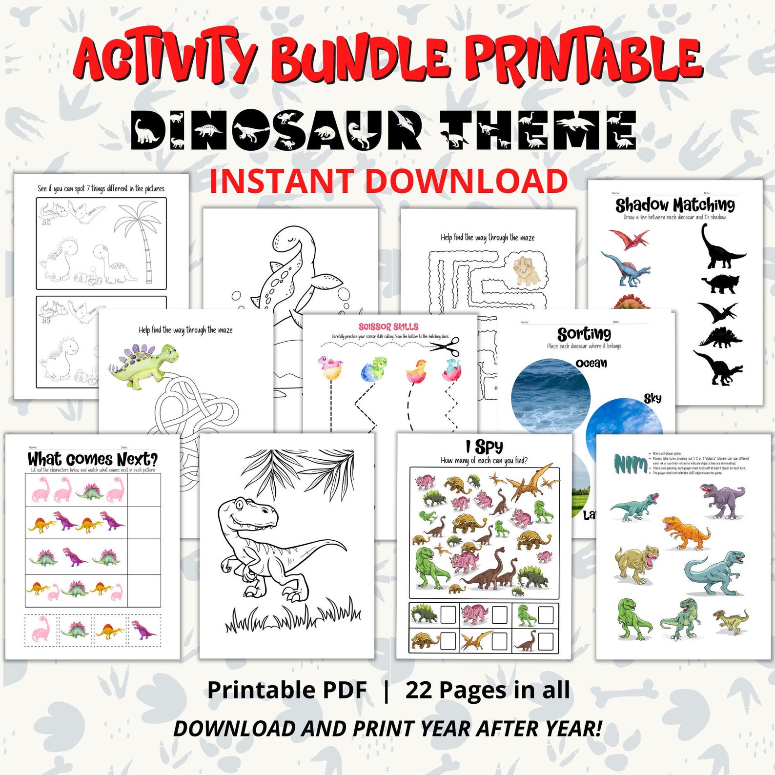 Dinosaur Printable Activities for Kids, Dinosaur Worksheets for Kids ...